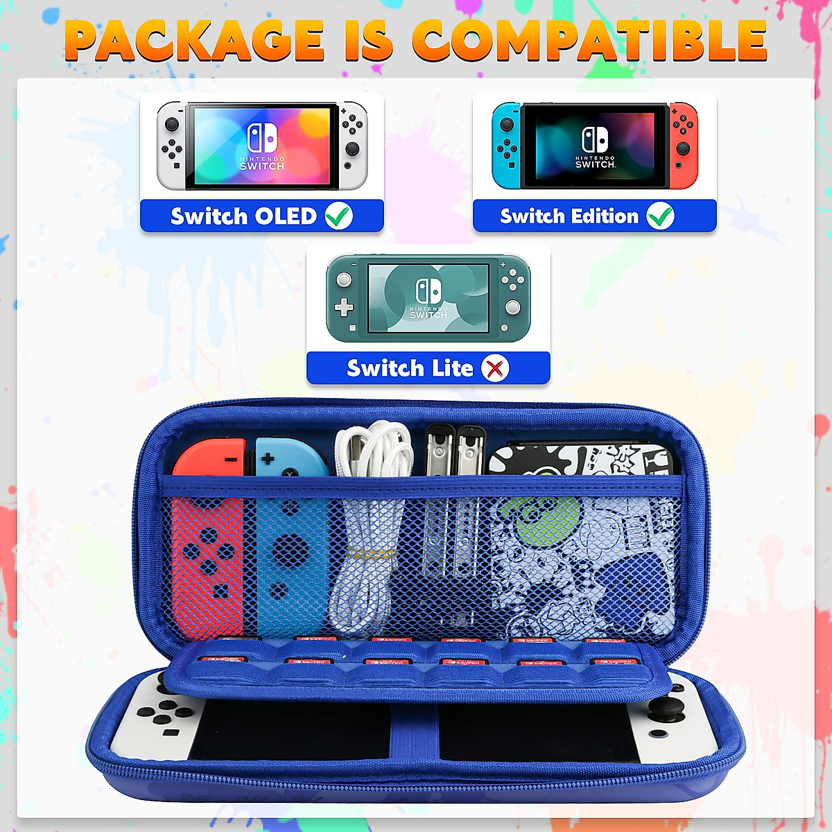 GLDRAM Carrying Case Bundle for Nintendo Switch and Switch OLED, Theme for Splatoon 3 Travel Case for Switch, Carrying Accessories Kit with Game Case, Thumb Grip Caps