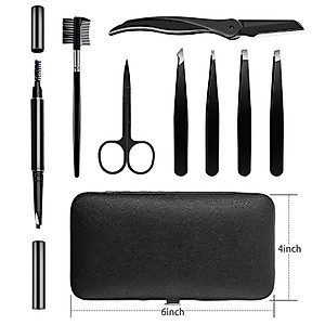 HOCOSY Eyebrow Kit, 8 in 1 Tweezers for Eyebrows, Professional Eyebrow Grooming Set include Stainless Steel Eyebrow Razor Eyebrow Brush Eyebrow Scissors Brown Eyebrow Pen with Travel Case