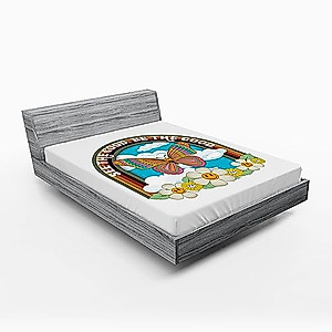 Ambesonne Emoji Fitted Sheet, Dreamy Artwork of Spring Vibes Colorful Butterfly and Leafy Floral Faces Clouds, Bed Cover with All-Round Elastic Pocket for Comfort, California King, White Multicolor