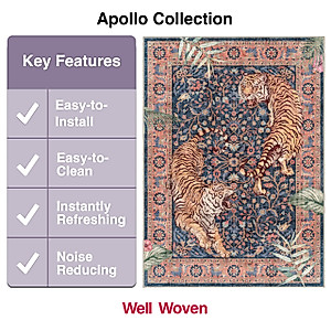 Well Woven Apollo Botanical Tiger Navy Washable Rug – Dining Room & Bedroom, 5'3" x 7'3", Durable