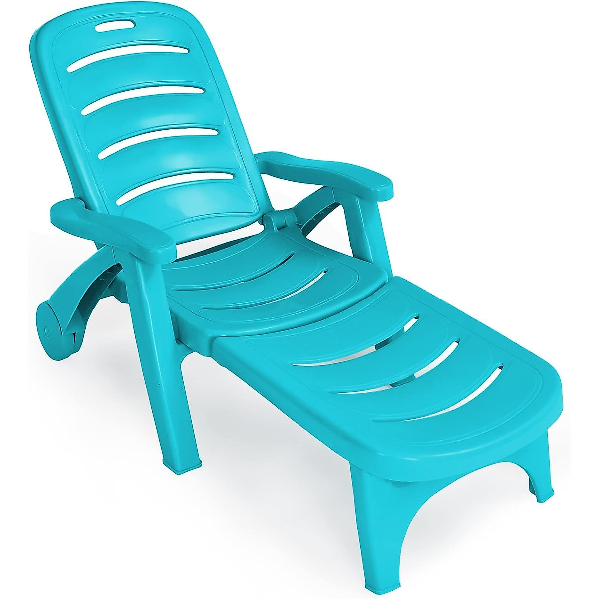 Moccha Plastic Folding Lounge Chair, 5-Position Adjustable Chaise Lounge with 2 Rolling Wheels, Armrest, Outdoor Chaise Chair for Patio, Beach, Backyard, Poolside, Home (1, Turquoise)