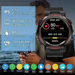 Kingstar Smart Watches for Men - 1.32" Full Touch Smart Watch for Android iPhone | IP67 Waterproof Fitness Tracker Outdoor Bluetooth Watch with Heart Rate Sleep Monitor AI Voice (Answer/Dial Calls)