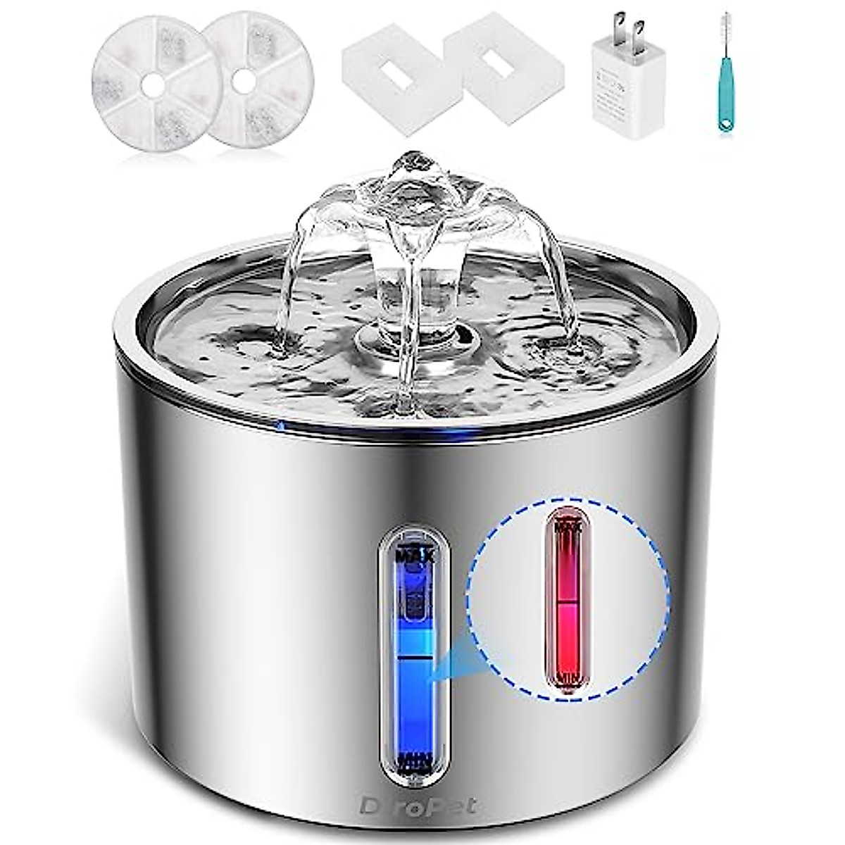 DiroPet Cat Water Fountain Stainless Steel, 84Oz/2.5L Automatic Pet Water Fountain for Cats Inside, Blue Red Water Level Window Cat Fountain,Fountain FilterX2, Pump FilterX2,PlugX1