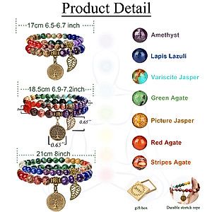 Bivei Natural Semi Precious Gemstone Beads Bracelet for Women - Life Tree and Leaf Charm Chakra Energy Healing Anxiety Stretch Bracelets(7 chakras Beads)