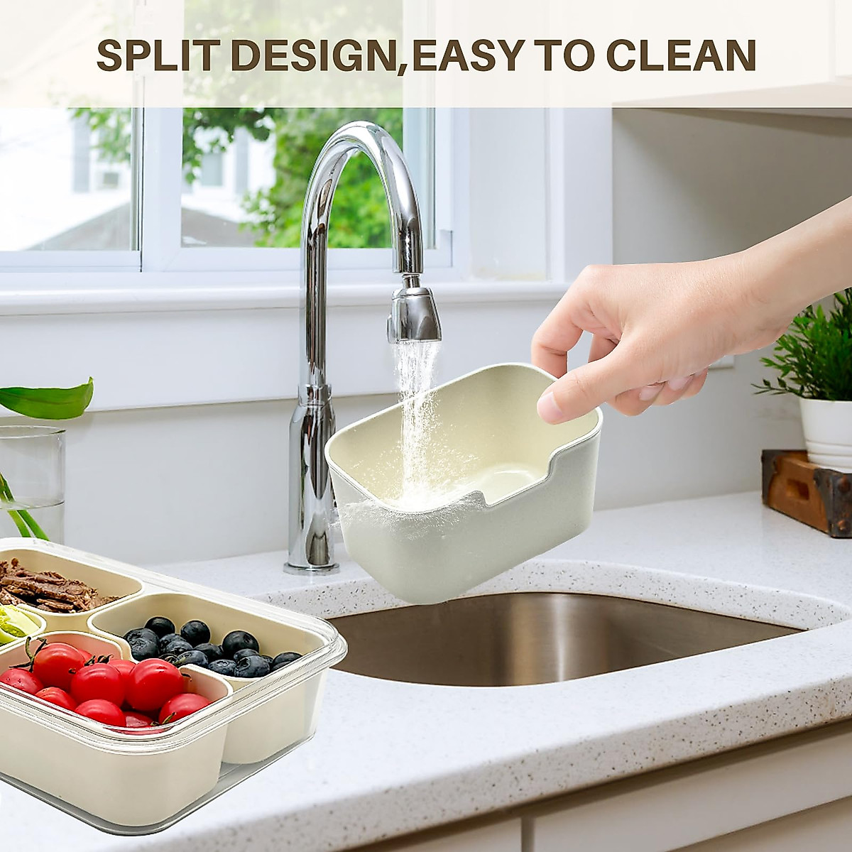 CODIEKEY Snackle Box Container, Dishwasher Safe Snack Box for Adult Kids, 4 compartments Plastic Divided Serving Tray with Lid and Handle for Candy, Fruits, Snacks, Nuts, Small,1 Pack