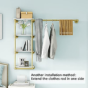 Wall Mounted Pipe Clothing Rack with Shelf,Gold Industrial Clothes Rack with 4 Tier Closet Bar Heavy Duty Iron Garment Rack, Retail Display Clothes Rod for Hanging Clothes,Laundry Room (Gold)