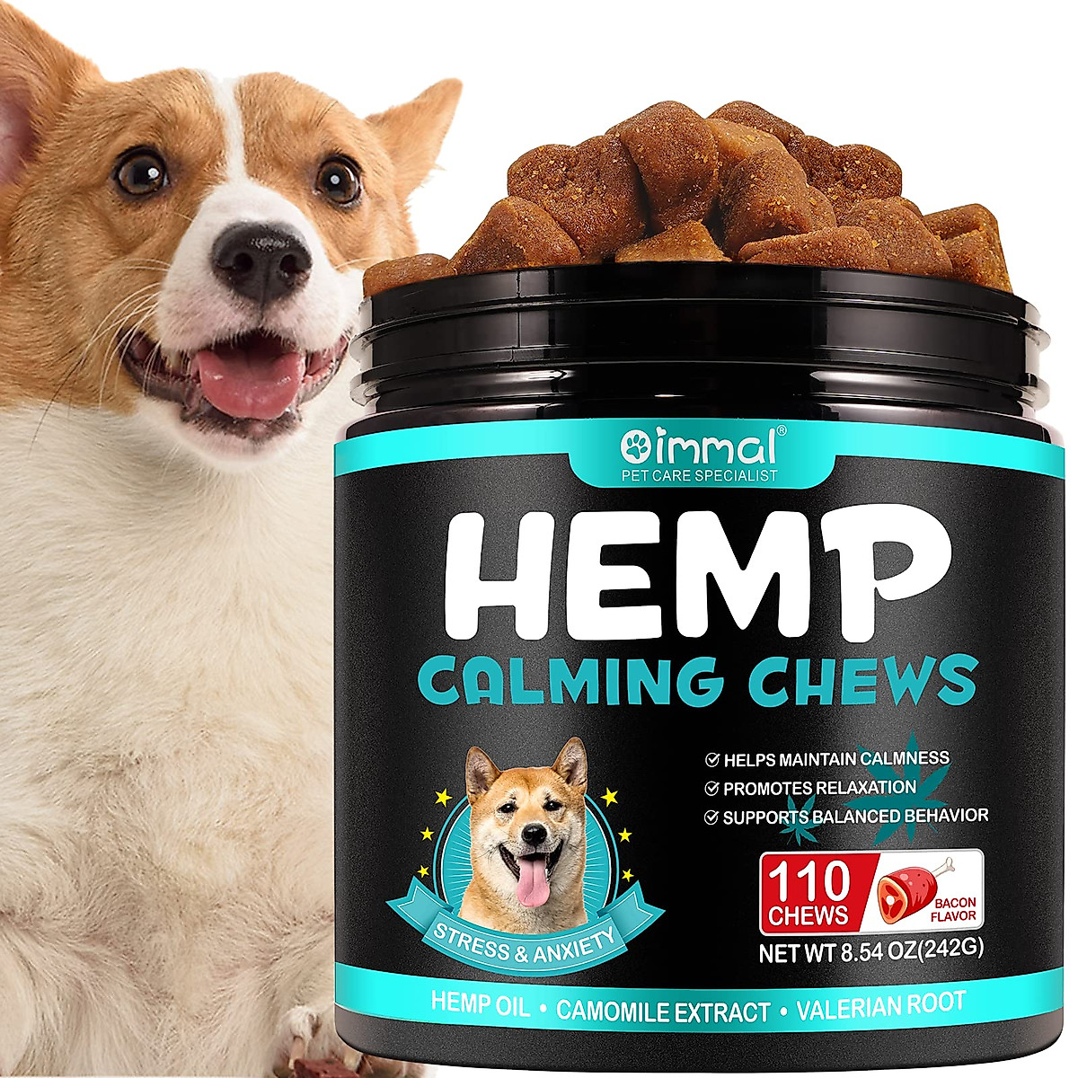 Oimmal Hemp Calming Chews for Dogs - Calming Treats for Dogs with Hemp + Valerian Root, Stress & Dog Anxiety Relief - Calming Dog Treats Helps Aid with Thunder, Fireworks, Chewing & Barking
