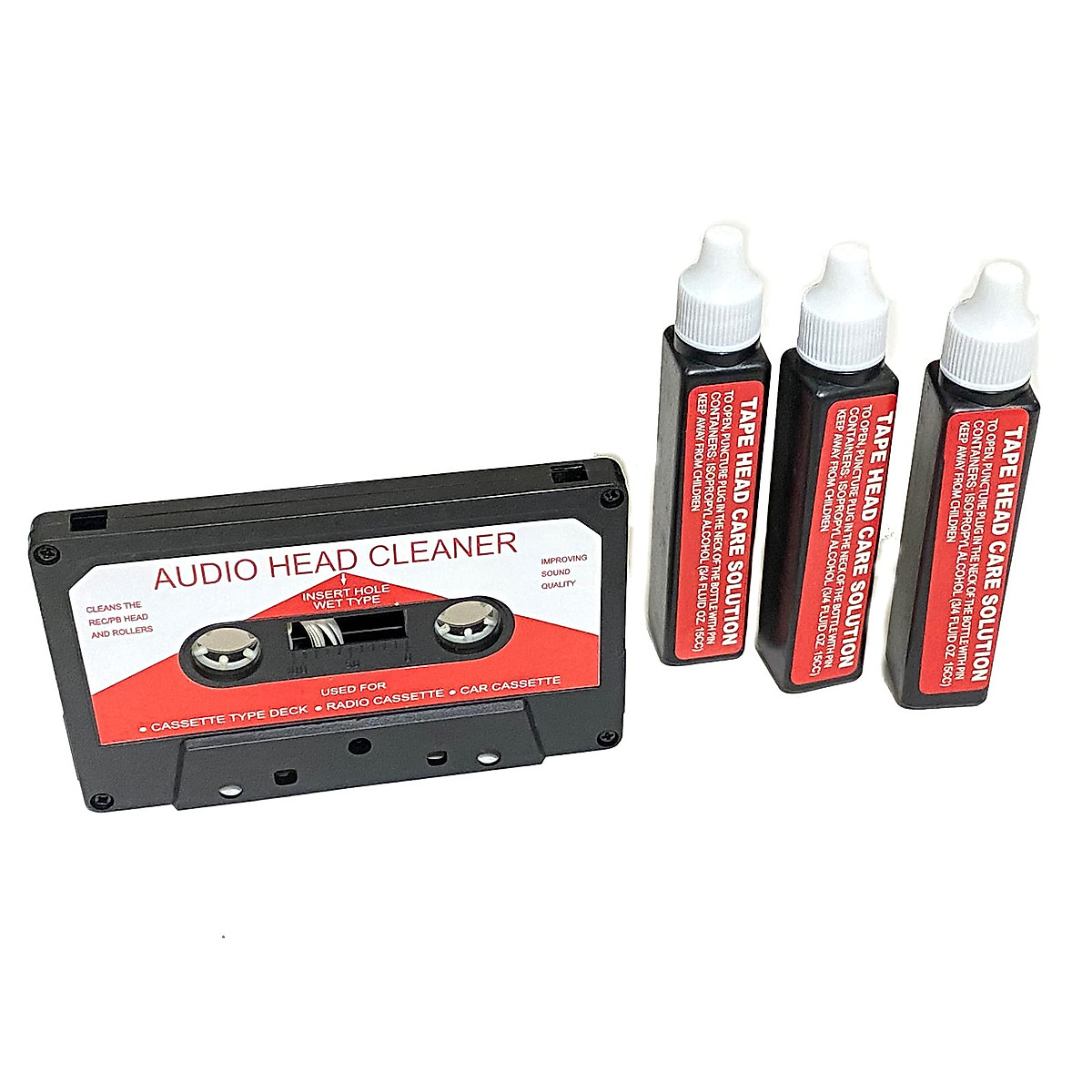 Audio Tape Cassette Head Cleaner w/ 3 Cleaning Fluids Care Wet Maintenance Kit by Alazco
