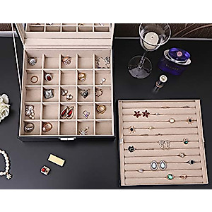 BEWISHOME Ring Organizer and Earring Box Holder - 11 Ring Slots, 25 Earring Compartments, Large Mirror, 2 Layers - Jewelry Box Tray Cufflinks Storage for Girls Women Men, Black Faux Leather SSH21B