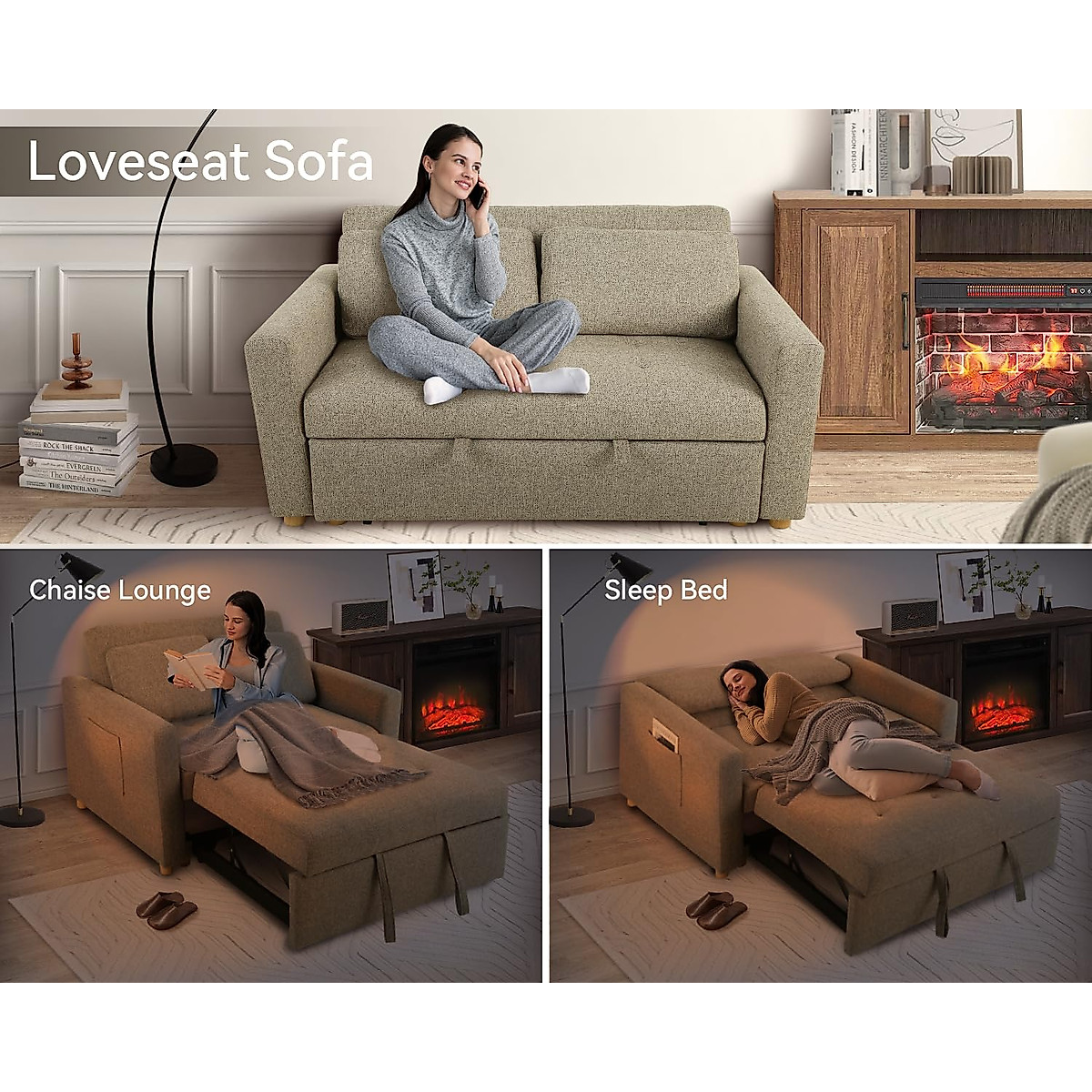 SEJOV 3-in-1 Convertible Sofa Bed, Linen Fabric Pull Out Couch Bed, Adjustable Backrest Futon Sofa Chair, Loveseat which Easy to Assembly, Sturdy Recliner for Living Room, Apartment, Brown Grey