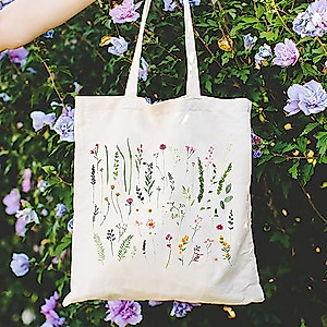 Haukea Flowers Canvas Tote Bag Aesthetic for Women Cute Wildflower Botanical Tote Bags with Pockets Reusable Book Tote Shopping Bags