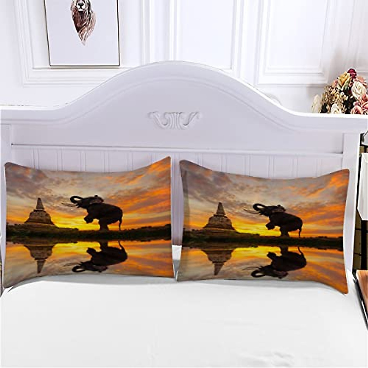 Quilt Cover Twin Size Ancient Pagoda in Thailand 3D Bedding Sets Elephant Duvet Cover Breathable Hypoallergenic Stain Wrinkle Resistant Microfiber with Zipper Closure,beding Set with 2 Pillowcase