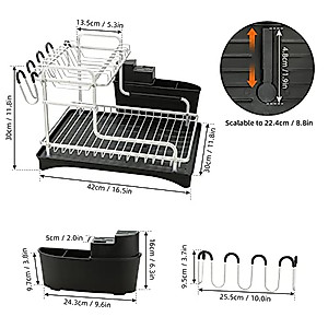 IKAYAA 2-Tier Dish Drying Rack, Dish Rack and Drainboard Set with Swivel Spout, with Cup Holder, Premium Aluminum, for Small Kitchen Countertop, Black Tray + Silver Frame
