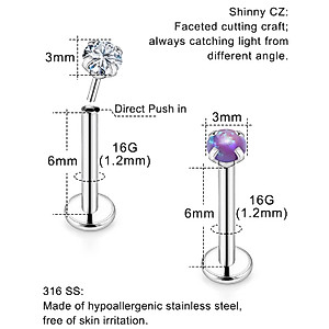 Hnxnskt 16G Push in Threadless Nose Stud Surgical Steel Medusa Piercing Jewelry Opal & Diamond Lip Rings Labret Jewelry Tragus Helix Cartilage Earrings for Women Men 6mm Length