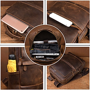 PAHVRION Vintage Genuine Leather 15.6 Inch Laptop Backpack, Hiking Travel Bag Anti Theft Camping Daypack School College Bookbag