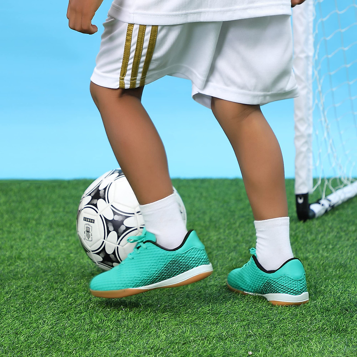 Hawkwell Unisex-Child Athletic Lace Up Boys Girls Indoor Trainer Soccer Shoe (Toddler/Little Kid/Big Kid), Green PU, 2 M US