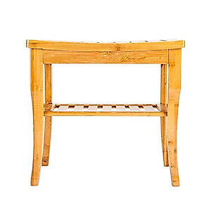 Bamboo Shower Bench Spa Stool, 2-Tier Shower Seat Bench , Foot Rest Shaving Stool with Non-Slip Feet Storage Shelf Organizer for Bathroom, Living Room, Bedroom and Garden Decor