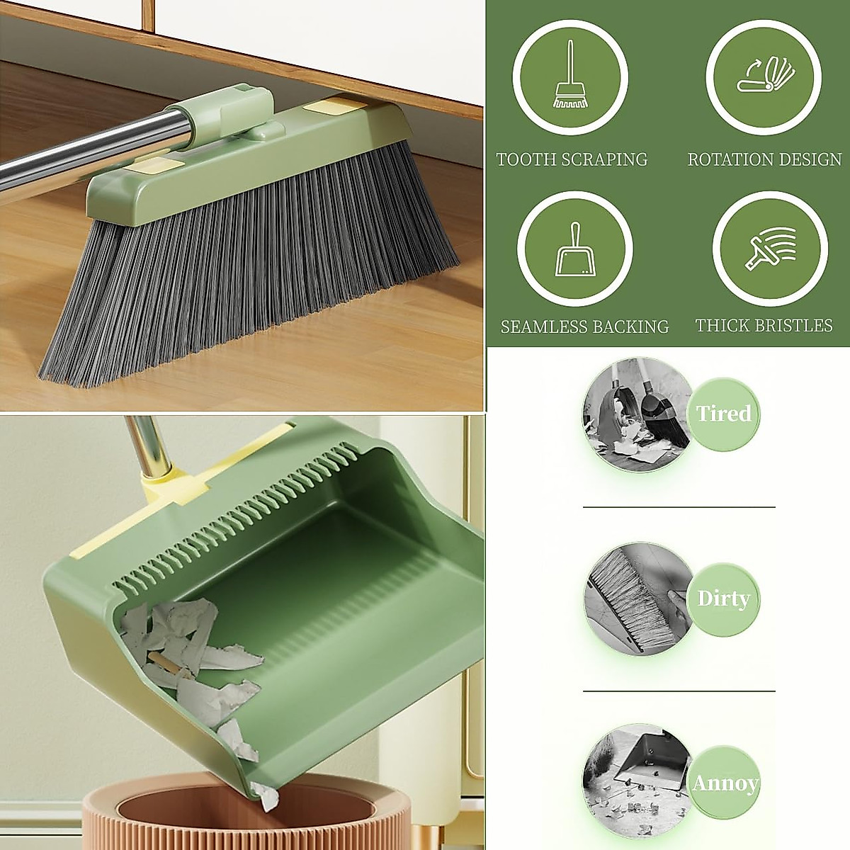 Premium Broom and Dustpan Combo Set - Long Handle, 180° Rotating, Standing Storage - Built-in Comb Teeth and Claps for Dust Wipe Paper - Space-Saving Design (Orange)