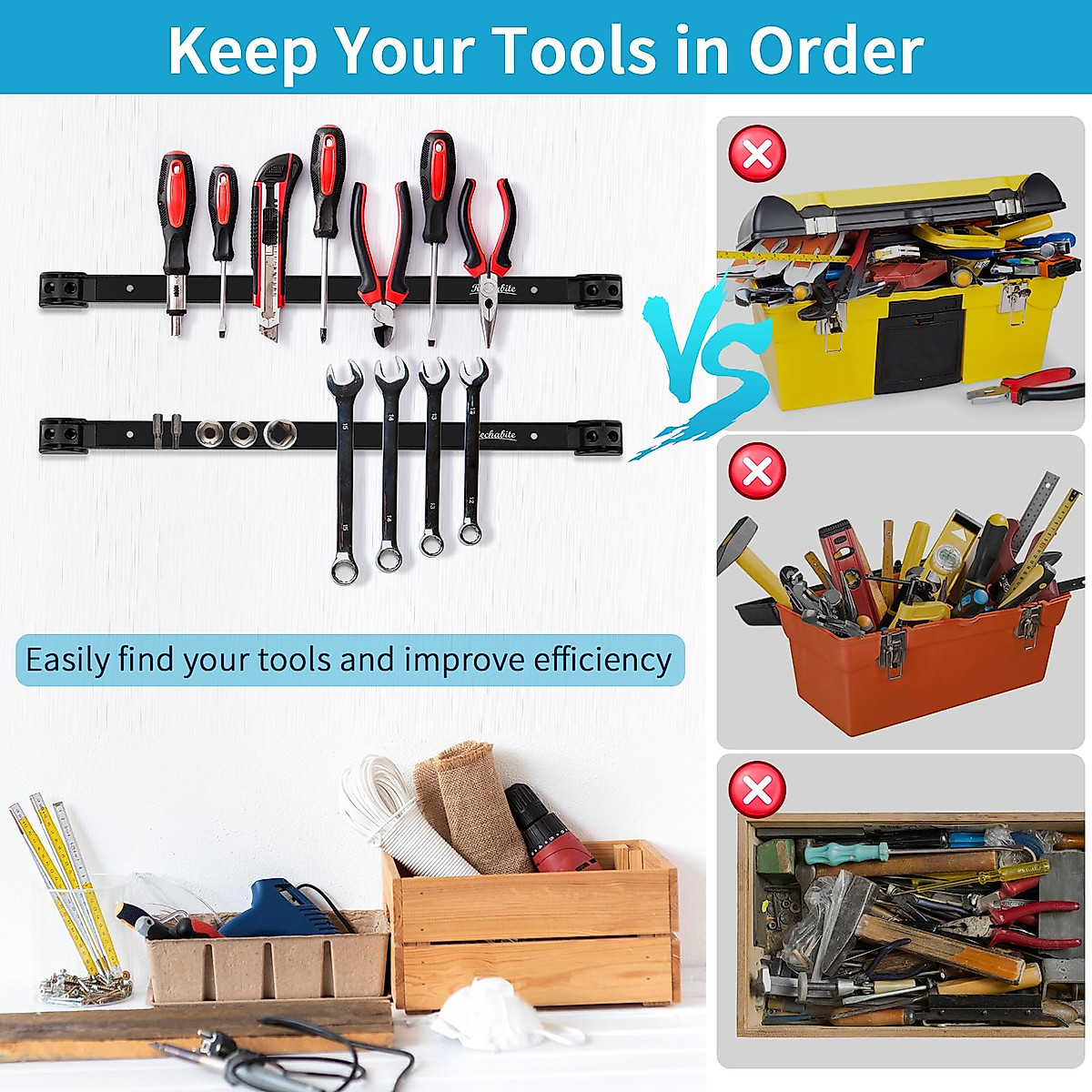 Rechabite 6 Pieces 24" Magnetic Tool Holder Strip, Black Magnet Bar, Metal Tool Organizer Rack for Garage Organization, Easy To Install in Workshop, Mounting Screws Included