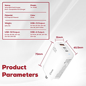 65W USB C Charger TETON ELECTRONICS, 3-Port Fast GaN Charger Block,Foldable Wall Charger Laptop Charger for MacBook Pro/Air, Dell XPS, iPhone 15 Pro Max/14/13, iPad Pro, Galaxy S23/S22, Steam Deck