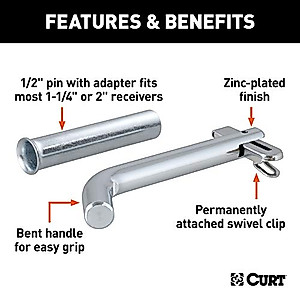 CURT 21561 Swivel Trailer Hitch Pin, 1/2-Inch Diameter with 5/8-Inch Adapter, Fits 1-1/4 or 2-Inch Receiver, Clear ZINC