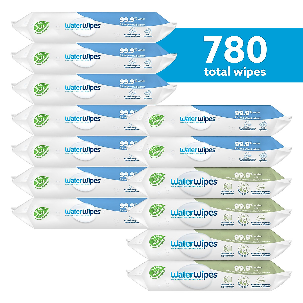 WaterWipes Bundle, Original 540 Count (9 packs) & Textured Clean Wipes 240 Count (4 packs), Plastic-Free, 99.9% Water Based Wipes, Unscented, Hypoallergenic for Sensitive Skin, Packaging May Vary