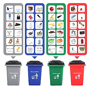Y.L. DOYMX Toy Garbage Truck - Trash Truck Toys w/Play Mat, 4 Pcs 6 Inch Friction Powered Small Garbage Truck Toy, 8 Signposts, 4 Trash Bins with 108 pcs Trash Cards for Boys Age 3+ Toddlers Kids Gift