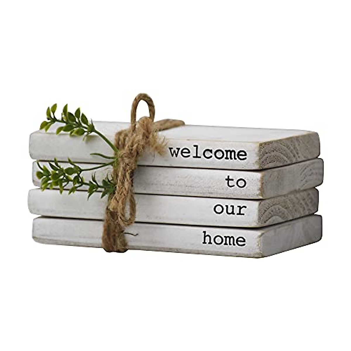 Parisloft Welcome to Our Home Decorative Faux Book Stack Decor, Small Home Decor Tied with Twine and Greenery, Farmhouse Sign for Tray, Coffee Table, Shelf, or Mantel,White