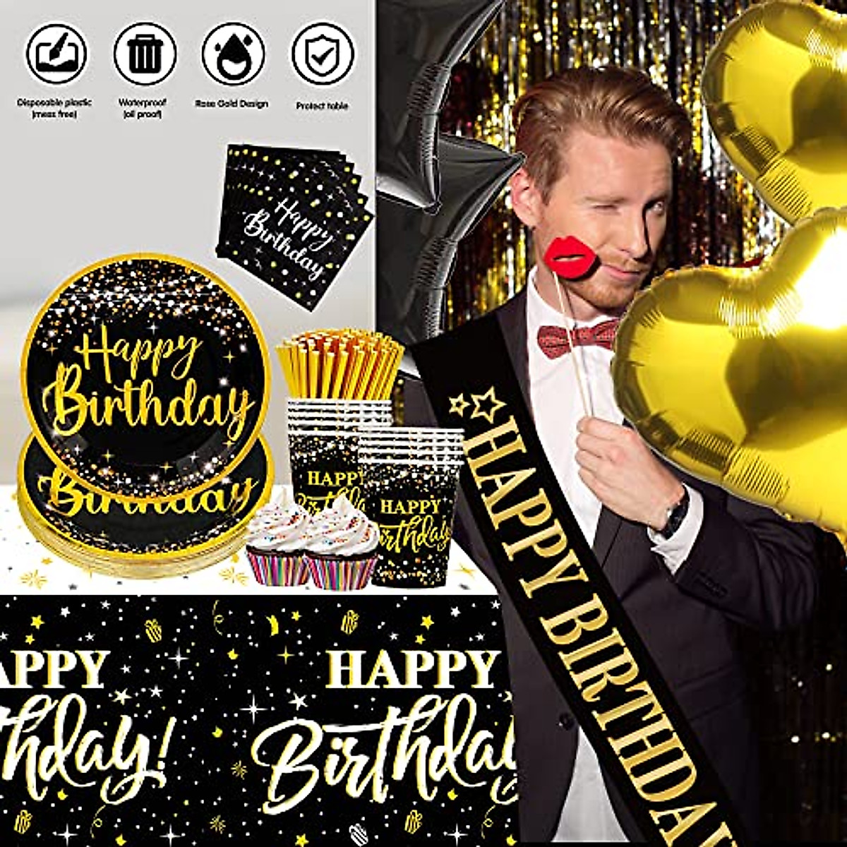 black and gold birthday party decorations - (Total 169pcs) happy birthday Supplies for women and men, Balloons,tablecloth,Foil Backdrops,Plates,Cups,Photo Props,Sash,Tableware for 24 Guests