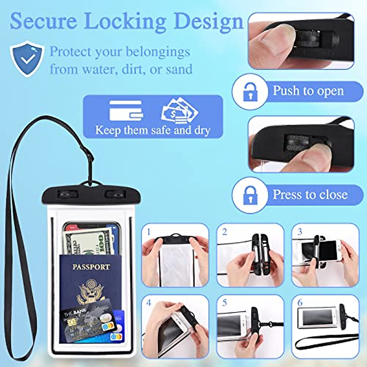 Molain Waterproof Case, 2Pack Universal Waterproof Phone Pouch Bag, Waterproof Cell Phone Dry Bag Compatible, Phone Pouch for Outdoor Water Sports, Boating, Hiking, Kayaking, Fishing Black