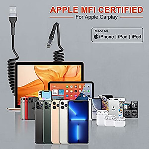 Coiled Lightning Cable Apple Carplay Compatible [Apple MFi Certified] Short USB to Lightning Apple Carplay Cable with Data Sync and LED, Retractable iPhone Charger Cord for iPhone/Pad/Pod