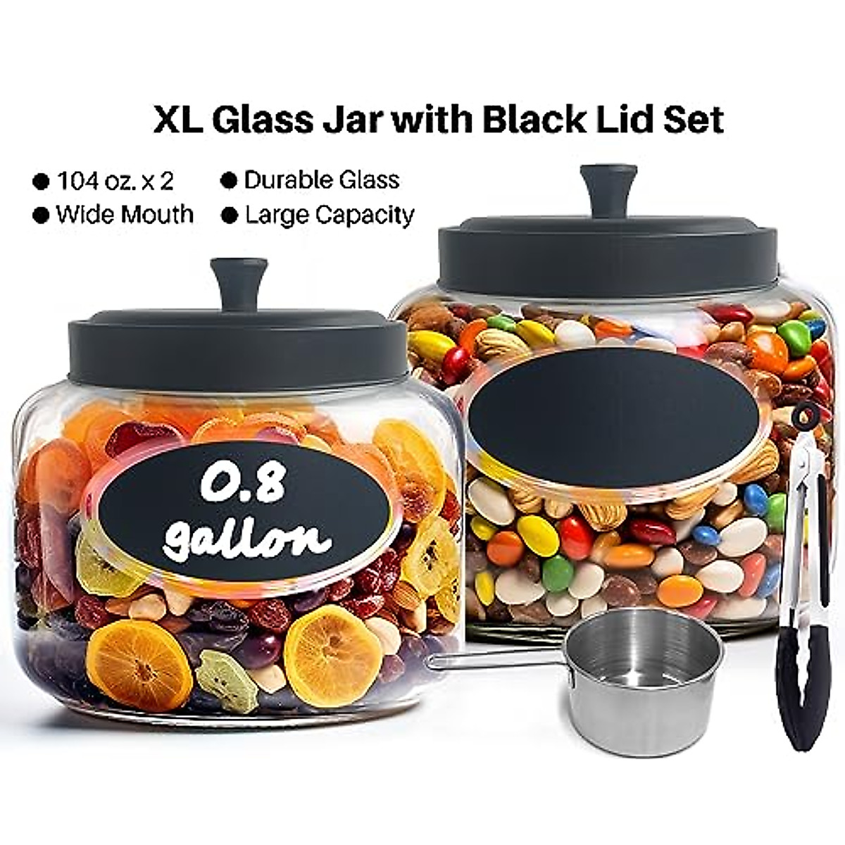 HomeyHoney Large Glass Kitchen Canister Set, Food Storage Containers for Cookie Candy Flour. Laundry Room Organization Jars, Laundry Pods Container, 3 Liters, 0.8 Gallon, 105 oz. (XL Set of 2)