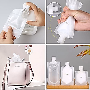 19 Pcs TSA Approved Travel Toiletries Containers Set - Refillable Vacuum Pump Bottle, Squeeze Pouches, Clear Glass Jar for Toner Shampoo Conditioner Lotion Body Wash (Include Cosmetic Bag Label)