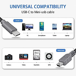 Duttek Mini USB to USB C OTG Cable, USB C Male to Mini USB 5-Pin Male On-The-go Data Convertor Adapter OTG Cable for MacBook, iMac Pro, Chromebook Pixel(Grey & Black) (10 inch/25 cm)