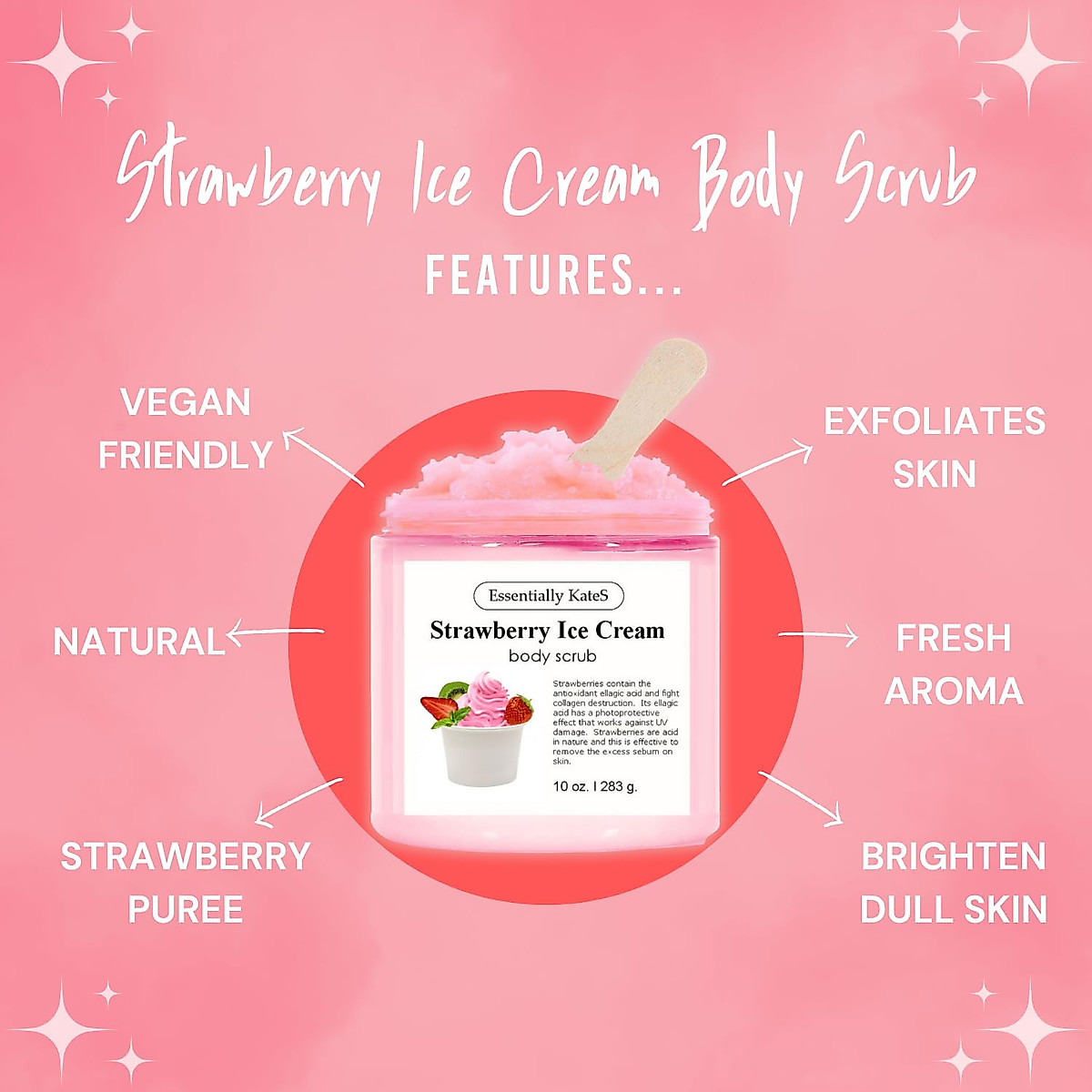 Essentially KateS Strawberry Ice Cream Body Scrub 10 oz - Pack of 1, Natural Strawberry Formula - Deliciously Fragrant, Refreshing, and Skin-Polishing Care - The Best Mother's Day Gift
