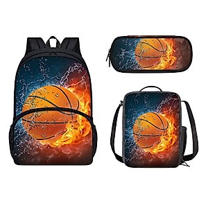 Glomenade Flame Water Basketball Lunch Bags Reusable Thermal Lunch Pouch Sack Fire Ice Ball Schoolbags Bookbags with Pencil Bag Snacks Organizer Back to School