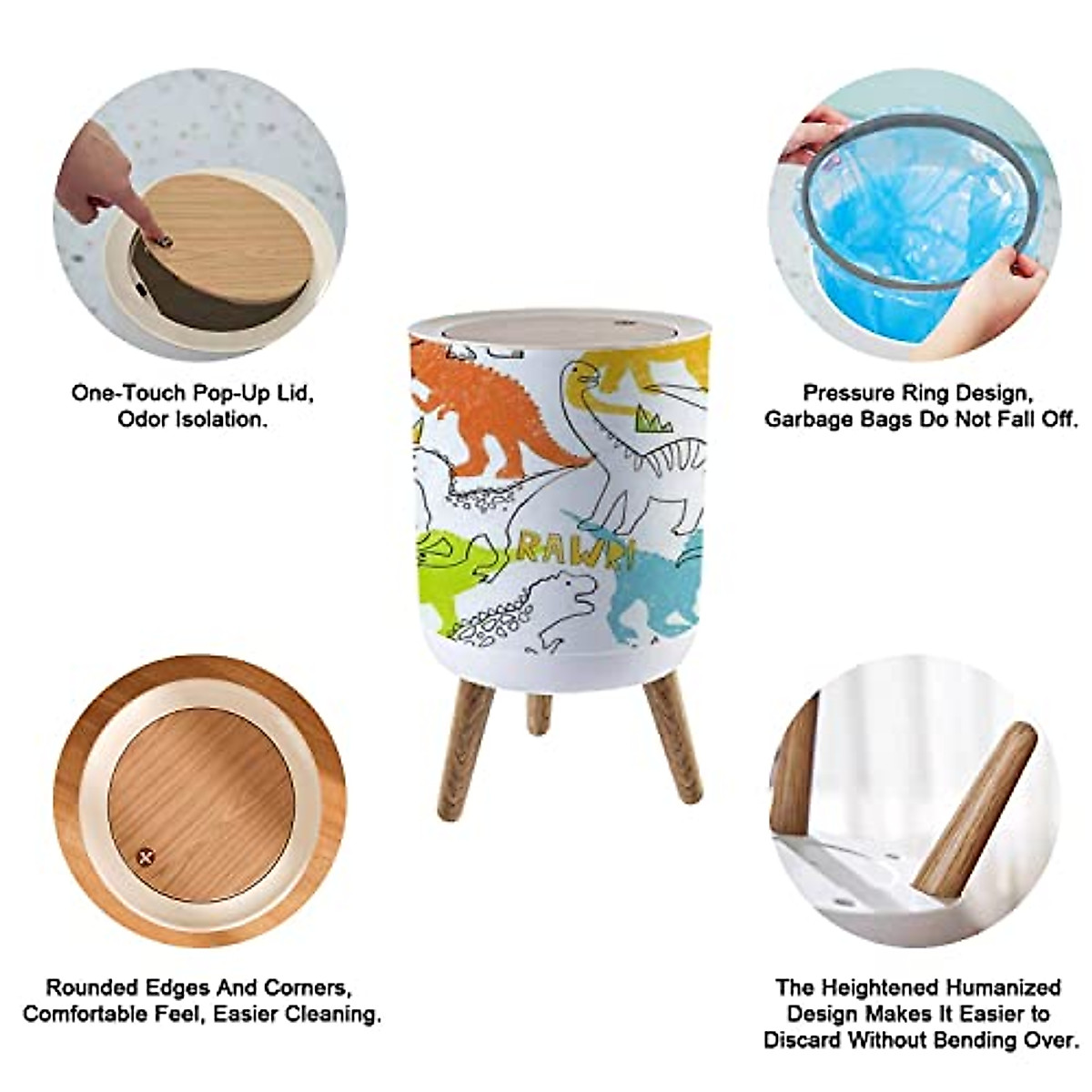 SHL96PZGX Small Garbage Can with Lid Grunge Seamless with Dinosaur on White Print for Boys with Wood Long Legs Simple Human Trash Can for Kitchen, Bathroom, Dog Proof, 1.8 Gallon - 7L