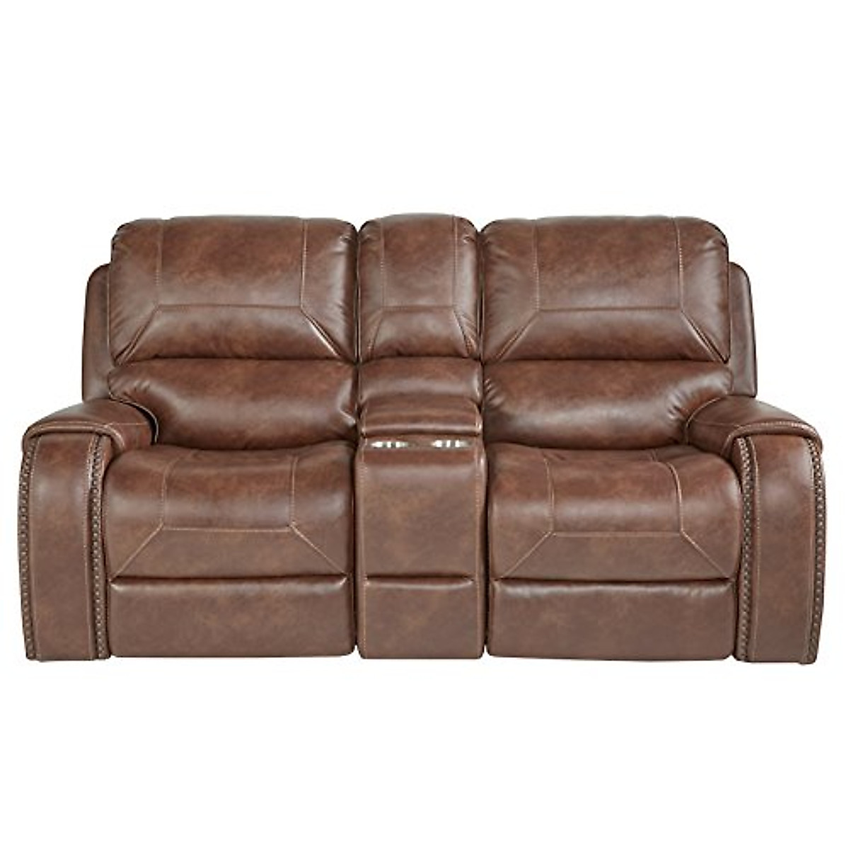 Roundhill Furniture Achern Brown Leather-Air Nailhead Manual Reclining Sofa and Loveseat with Storage Console and USB Port