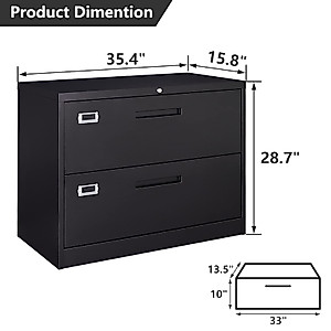 LISSIMO Lateral File Cabinet, 2 Drawer Metal Filing Cabinet with Lock, Home Office Storage for A4, Letter Size, Hanging File Folders(Black)