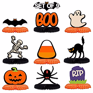 LINGTEER Happy Halloween Table Honeycomb Centerpieces - 9 pcs Funny Halloween Party Boo Ghost Table Decorations Sign.
