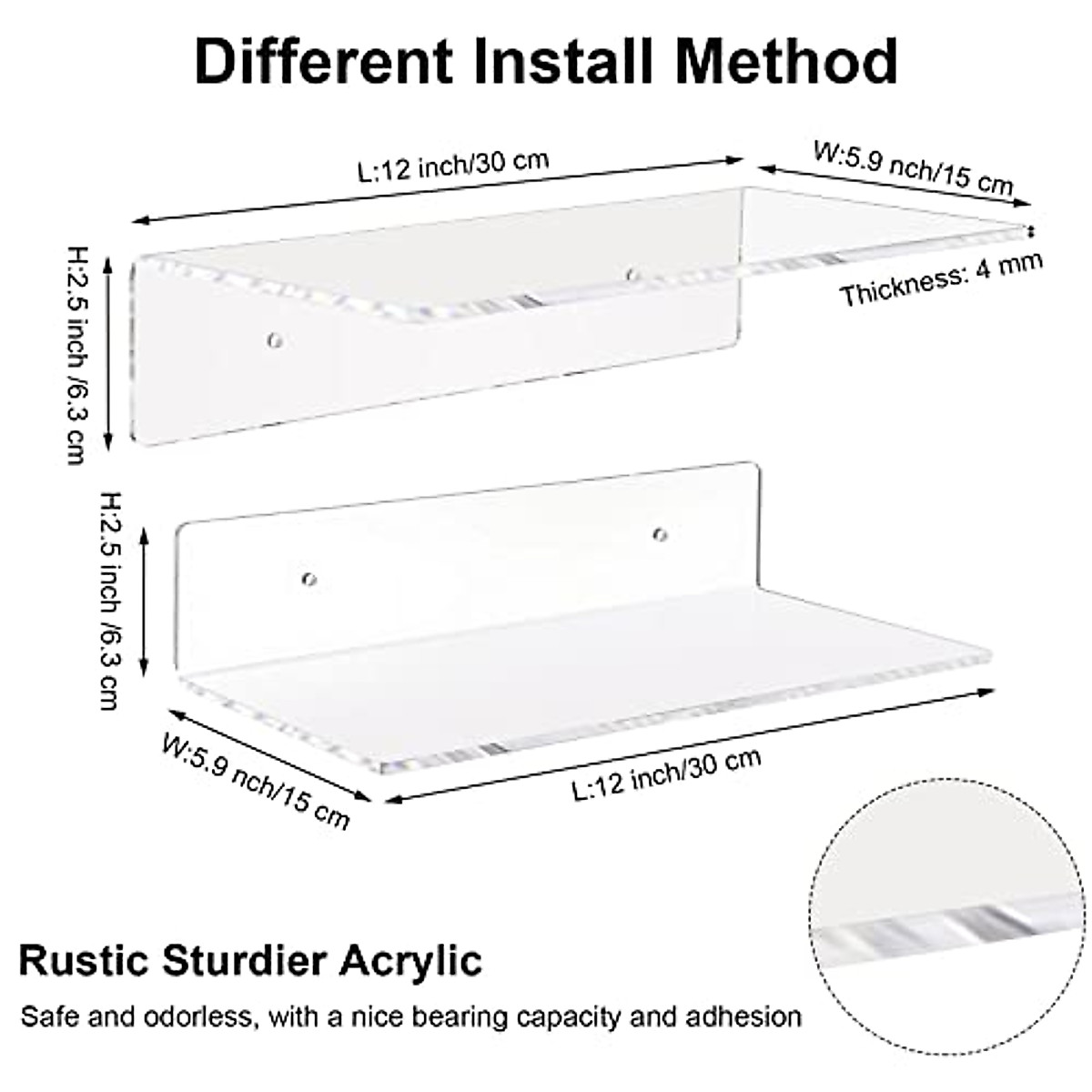 12 Pack Acrylic Floating Shelves 12 Inch Clear Acrylic Shelf Wall Display 4 mm Thick Invisible Book Shelves for Bedroom, Living Room, Bathroom, Office