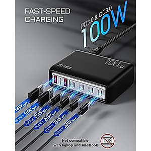 USB C Charging Station, 100W GaN 6 Port Charging Hub for Multiple Devices with PD3.0 and QC3.0 Fast Charging Stock, Power Strip for iPhone, iPad Air/Pro, Galaxy- Black