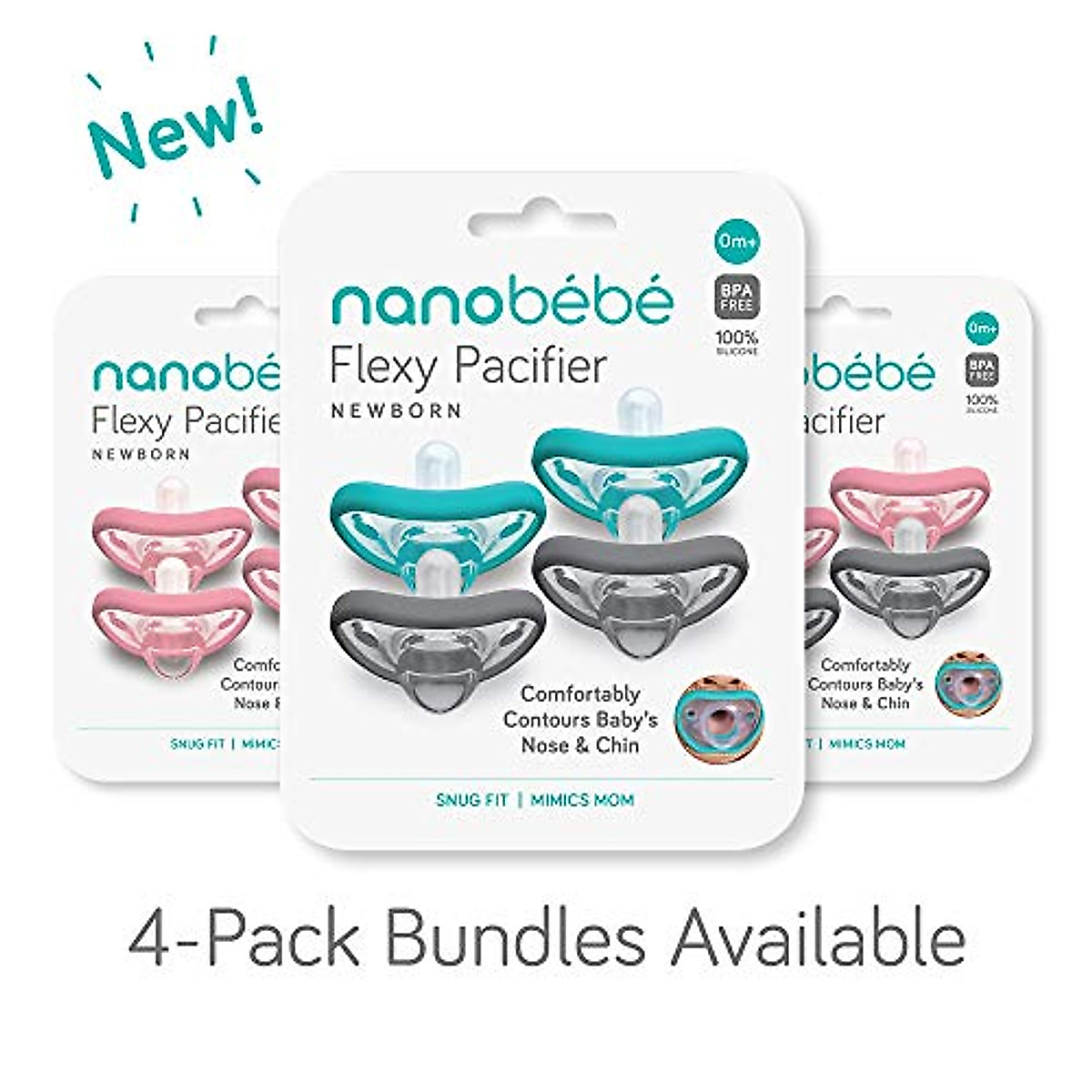 Nanobebe Baby Pacifiers 0-3 Month - Orthodontic, Curves Comfortably with Face Contour, Award Winning for Breastfeeding Babies, 100% Silicone - BPA Free. Perfect Baby Registry Gift 2pk,Grey