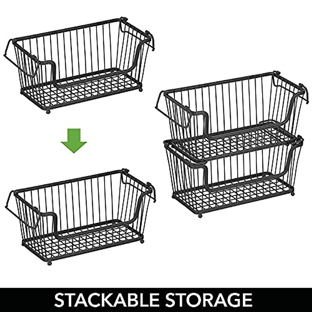 mDesign Stackable Metal Basket for Kitchen Storage - Wire Farmhouse Bin Basket w/Handles for Pantry - Stacking Wire Basket Organizer for Food, Drinks, Snacks - Hyde Collection, 6 Pack, Black