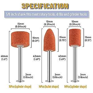Sanding Bits for Rotary Tool, 42Pcs Different Shape Grinding Stone Sanding Drill Bits with 1/8 inch Shank, Aluminium Oxide for Metal Rust Removal, Deburring, Smoothing, Sharpening