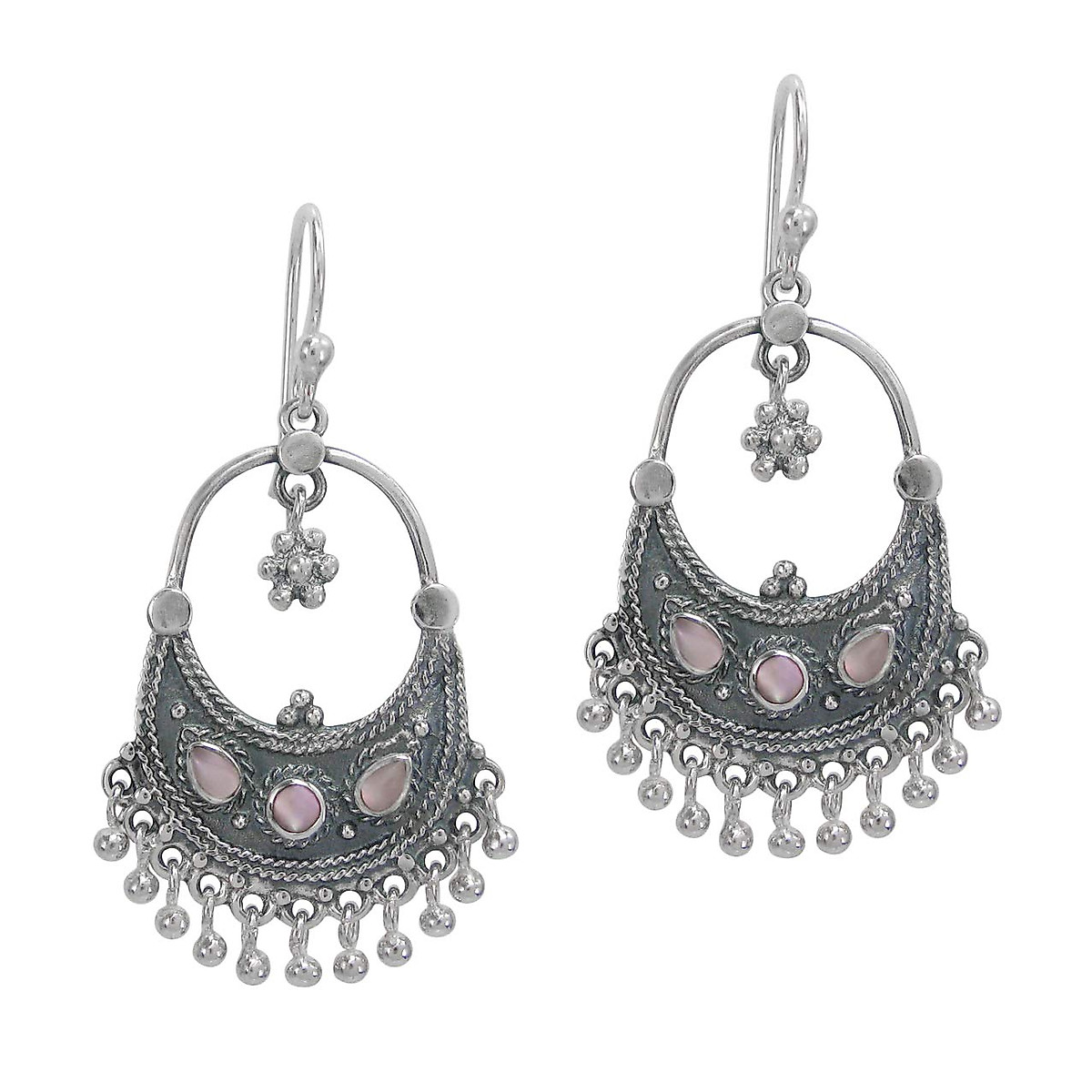 Sterling Silver Bohemian"Arya" Shell Inlay and Silver Balls Drop Earrings, Silver