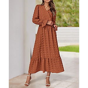 BTFBM Women Fall Dresses 2023 Long Sleeve V Neck Swiss Dots Maxi Dress Boho Long Dress High Waisted A-Line Ruffle Dress(Solid Orange,Small)