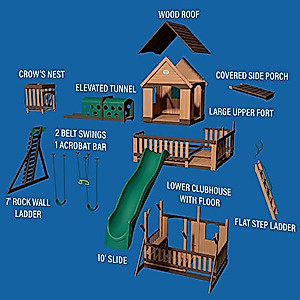 Backyard Discovery Woodridge Elite All Cedar Wood Swing Set, Upper and Lower Deck, Sandbox, Vented Tunnel, Rock Climbing Wall, Coated Rope Belted Swings, Acrobat Bar, Bench Seating, 10 ft Slide