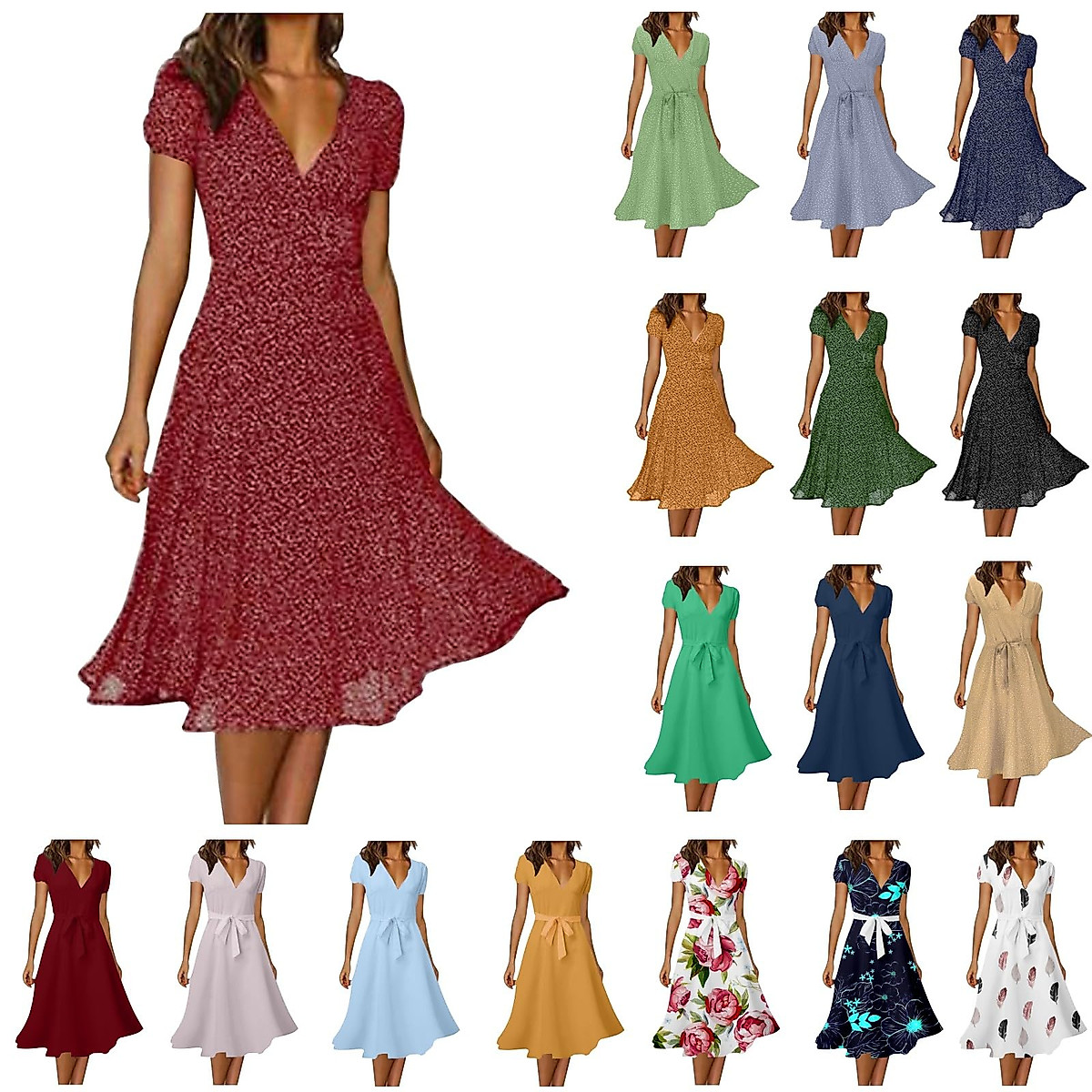 Womens Dresses Summer 2023 Floral Boho V Neck Short Sleeve Wrap Flowy Ruffle Hem Cute Beach A Line Midi Dress Sun Dresses Hawaiian Clothes Summer Wedding Guest Dresses for Women 2023