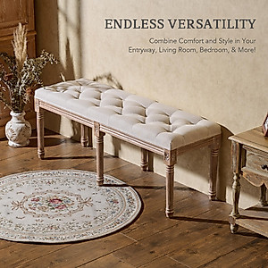 Vonluce Extra-Long Upholstered Bench, Beige, Rubberwood Frame, 48 x 16.7 in